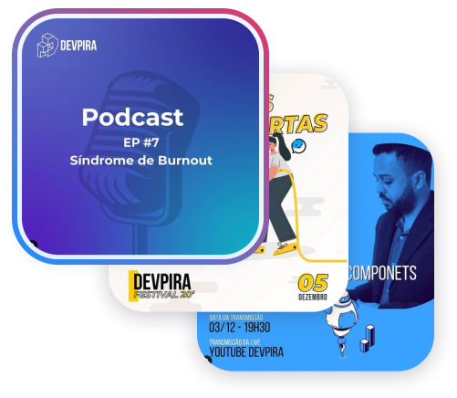 Três imagens sobrepostas de algumas das iniciativas da comunidade, nesse caso: DEVPIRA Festival ...